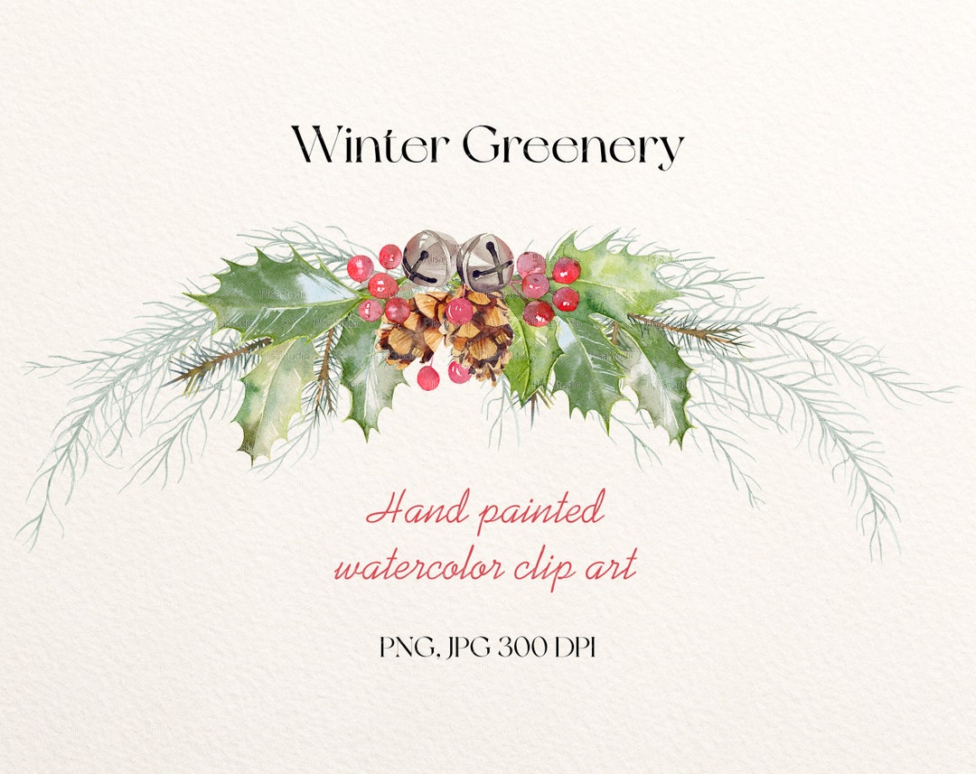 Christmas Watercolor Garland Greenery Wreath Bells Clip Art PNG Holly ...
