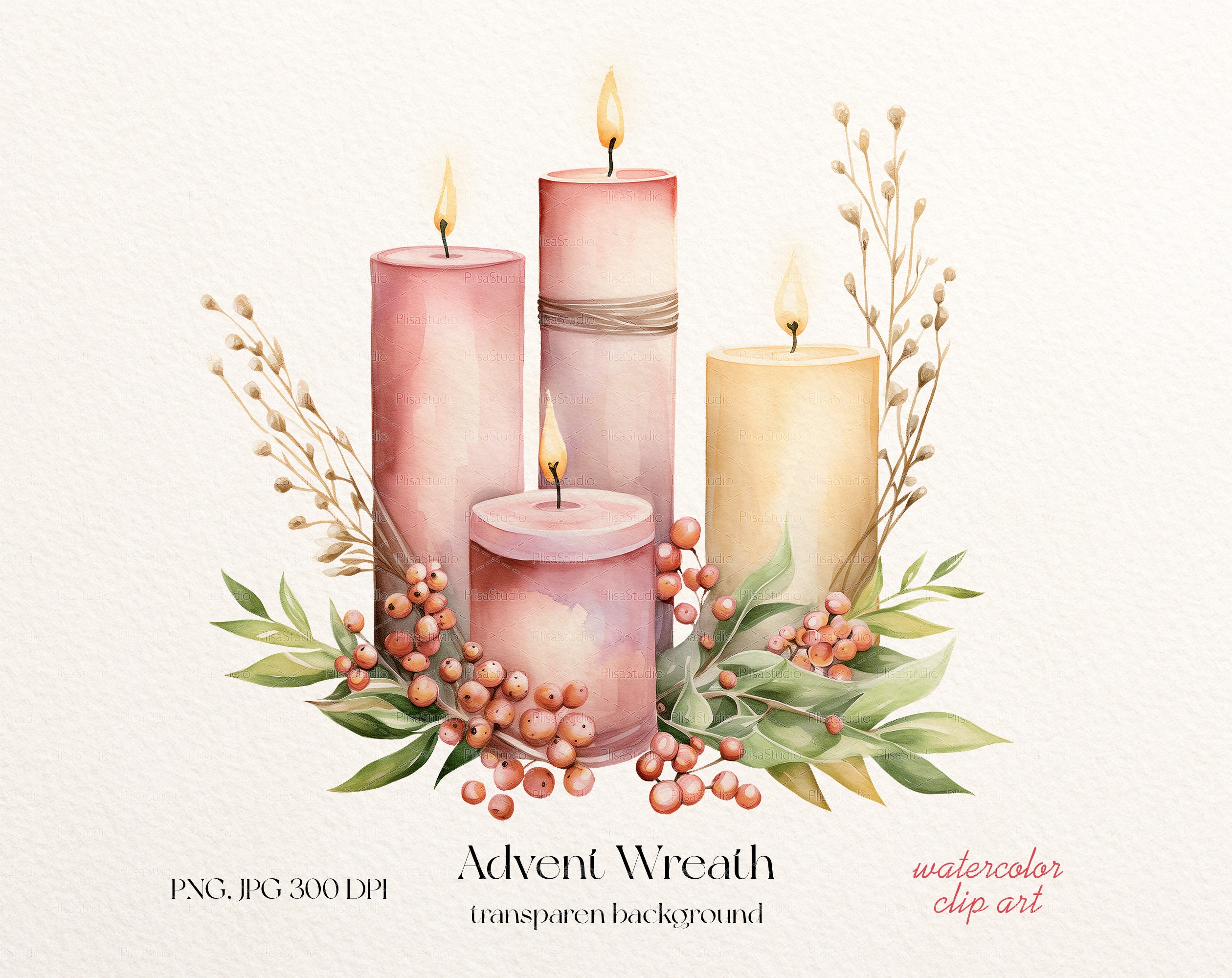 Advent Wreath Clipart Watercolor PNG Christmas Candles Vintage - Etsy