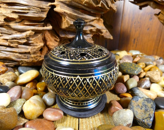 Beautiful Black Brass Etched Incense Burner Incense Burner | Etsy