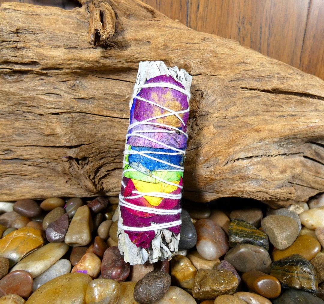 Chakra Sage Stick white Sage With 7 Color Rose Petals 3-4 Sage, Sage Stick, Smudging, Chakra ...