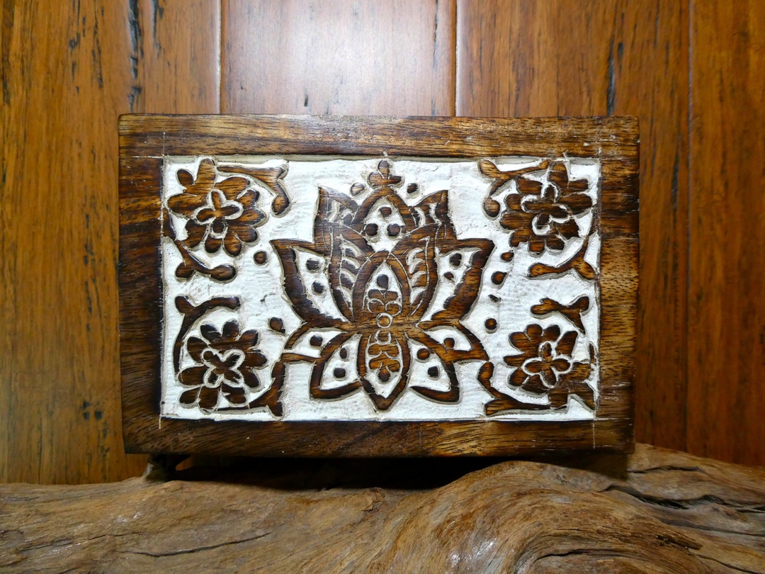 Hand Carved Lotus Box With Latch 4 X 6" - Lotus Box, Lotus, Tarot Box ...