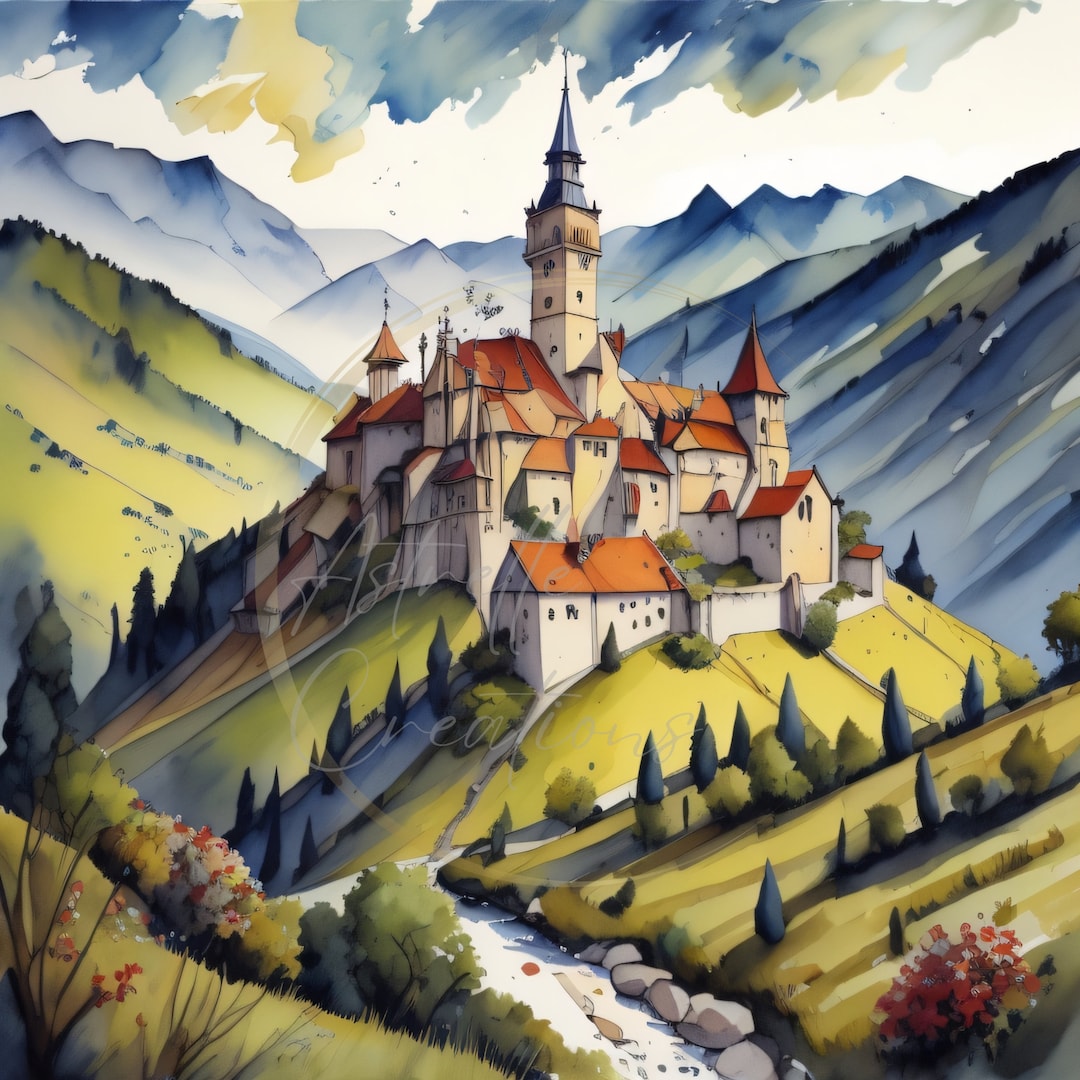 Printable Watercolour Castle Landscape, Instant Download Art, Abstract ...