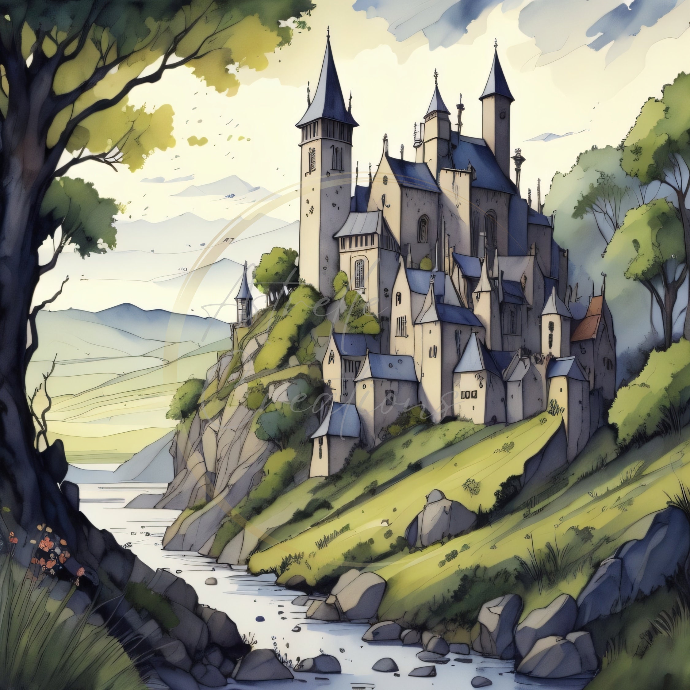 Printable Watercolour Castle Landscape, Instant Download Art, Abstract ...