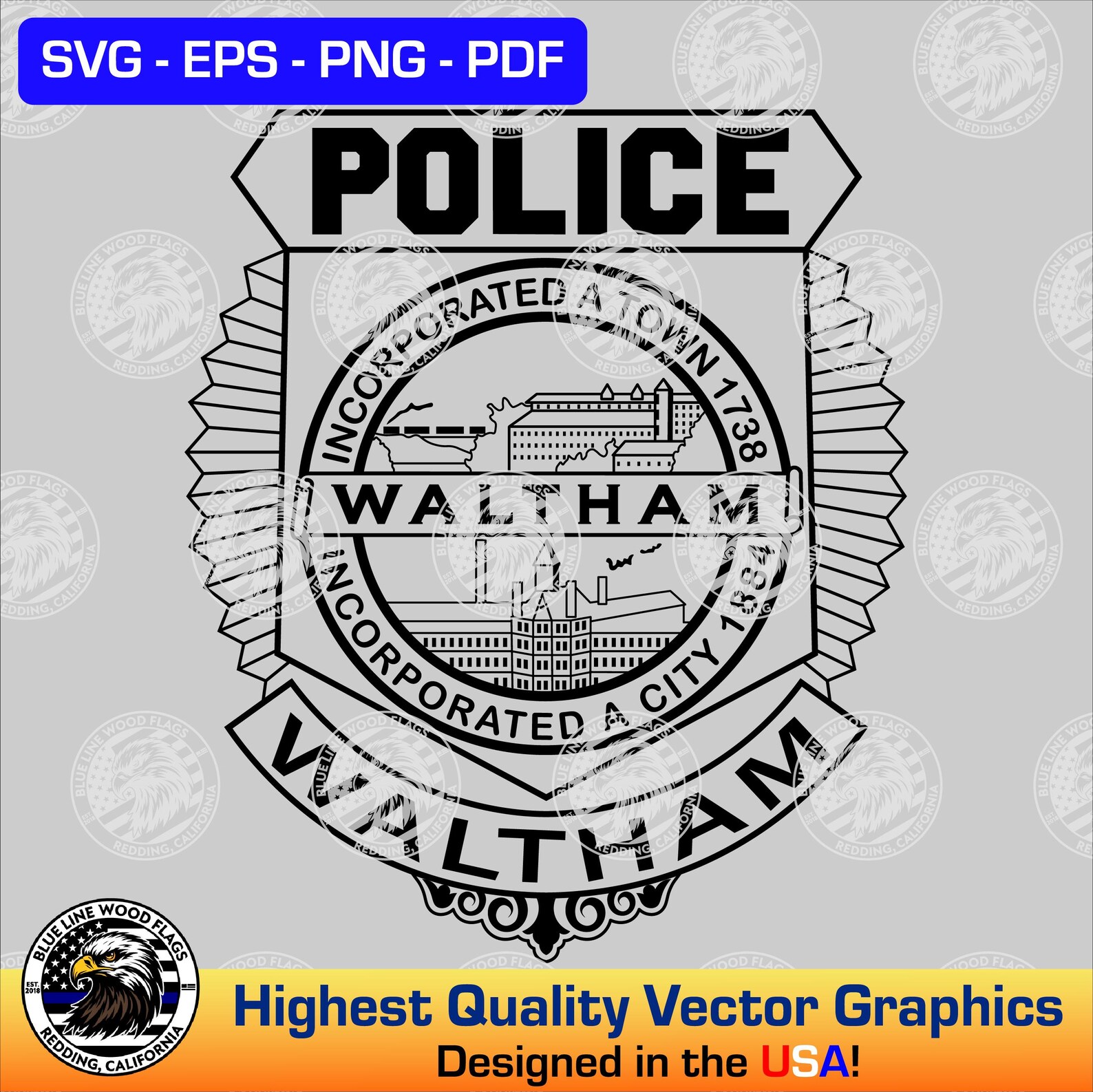 Waltham Massachusetts Police Badge SVG Vector File for Laser, CNC ...