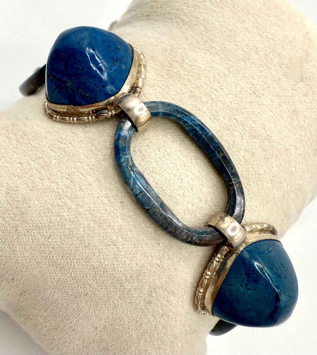 Art Deco LAPIS LAZULI Sugarloaf Stone & Carved Link Sterling Silver ...