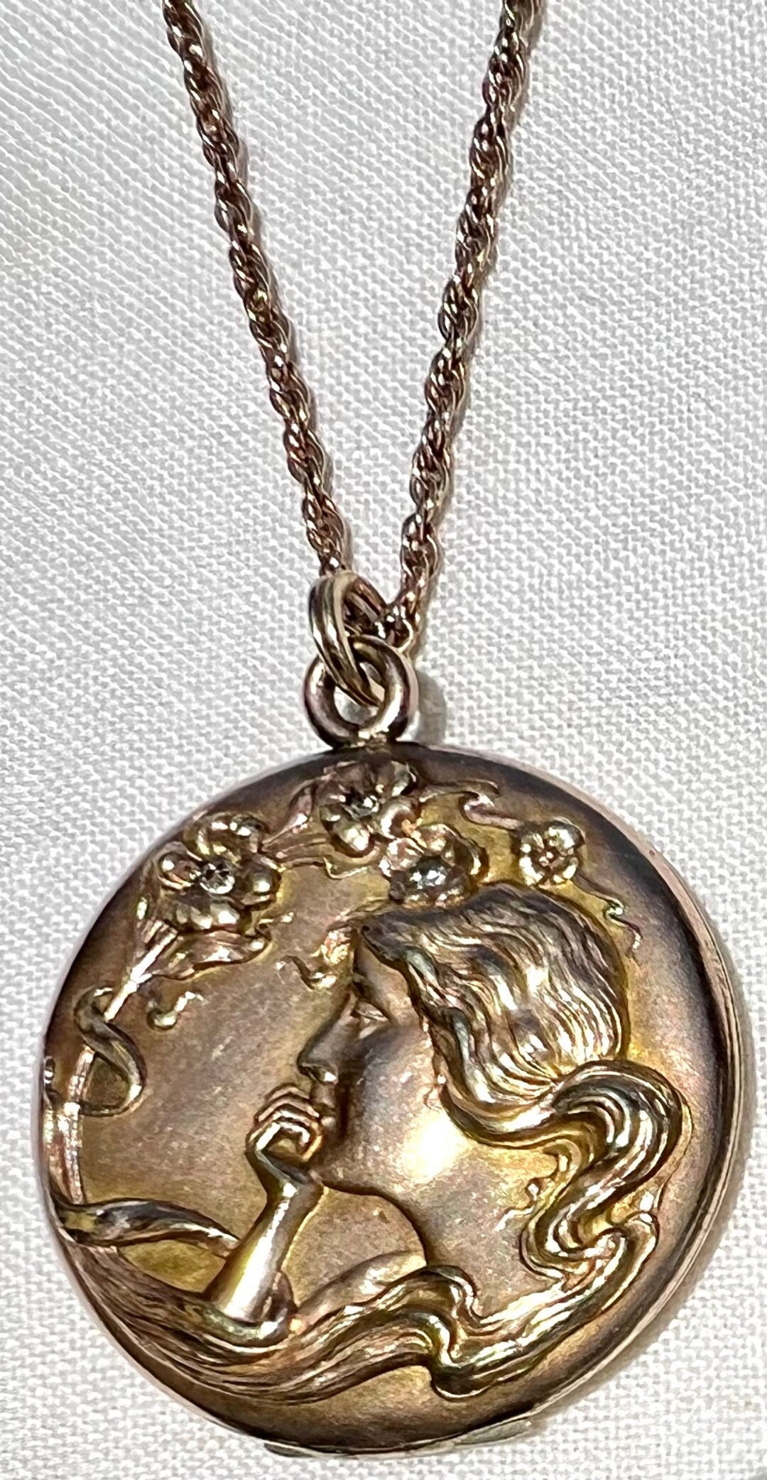 Antique Art Nouveau Lady & FORGET-ME-NOT Flowers Photo/ Mourning Locket ...