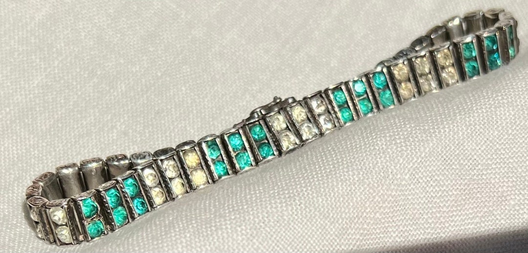 Art Deco AQUA Clear 2-row Sterling Silver Channel-set Rhinestone ...