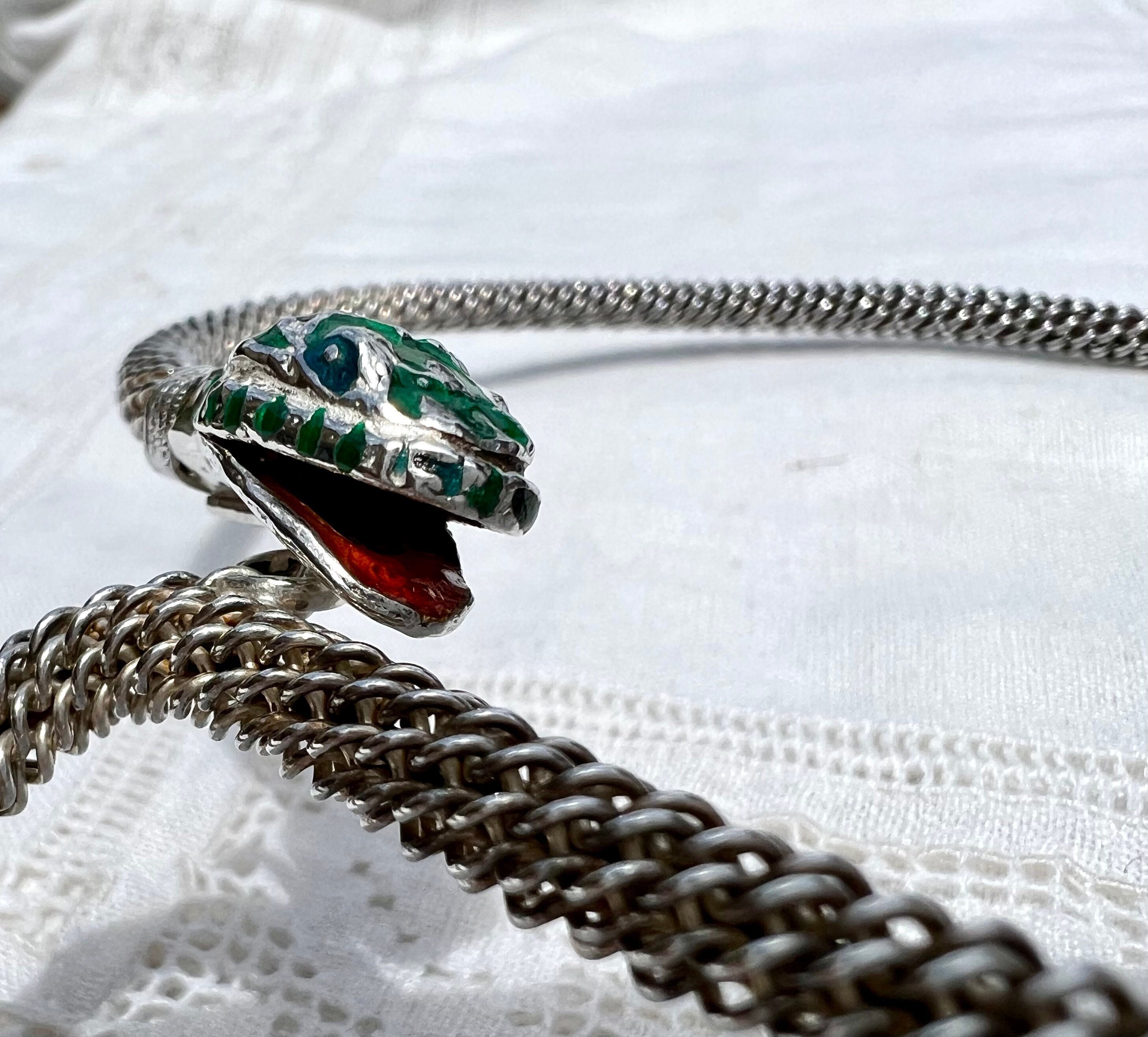 Vintage Art Deco Green Red Enamel Sterling Silver Snake Choker Necklace Italy