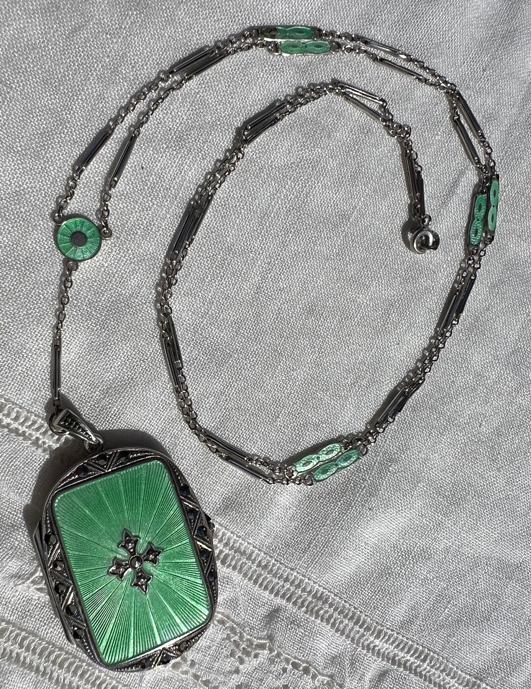 Vintage Art Deco MINT GREEN Enamel Guilloche Sterling Silver Locket ...