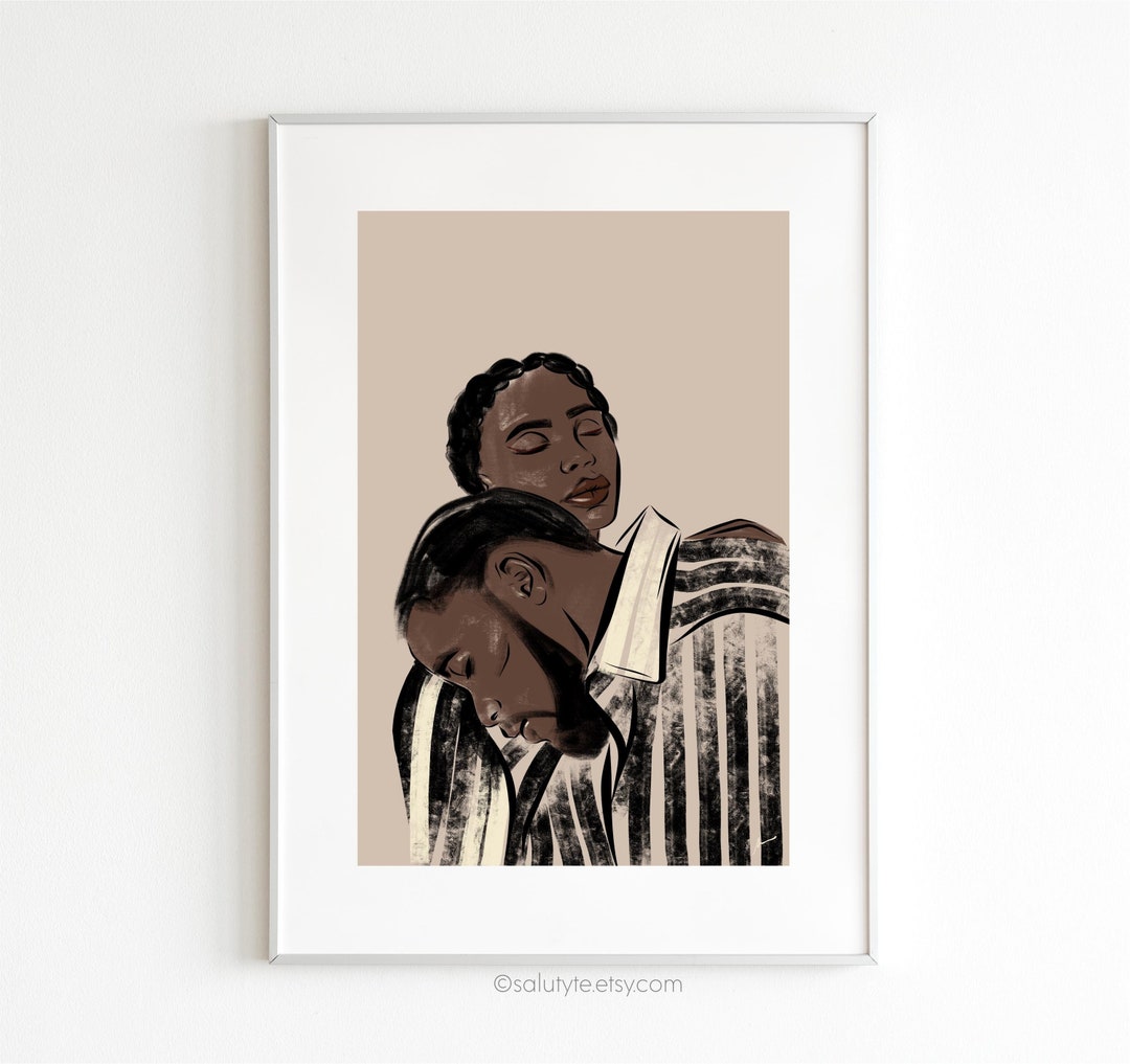 Black Love Art Print: Couple Embracing, Modern Abstract Painting ...