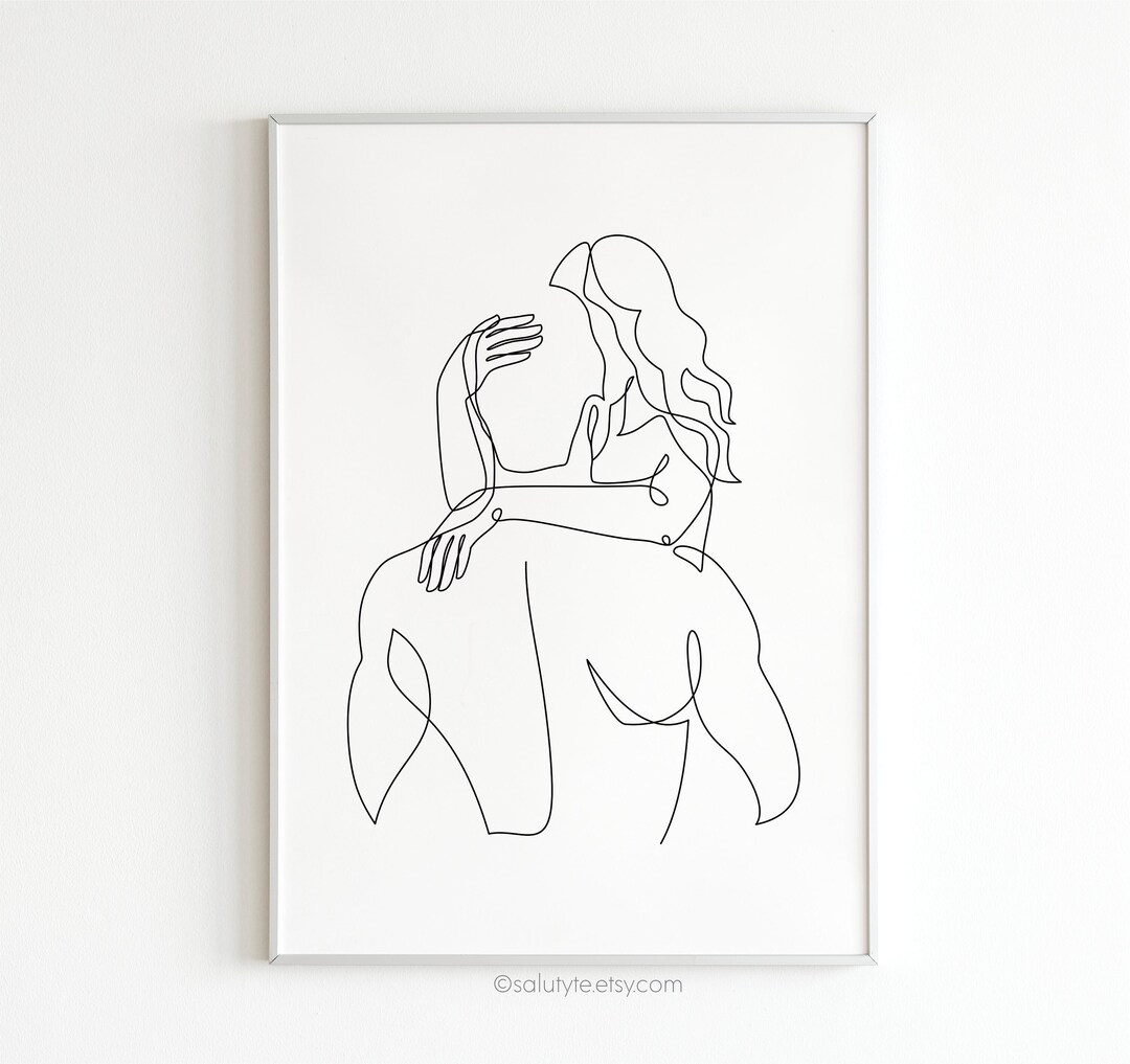 Lovers Art, Passionate Couple Line Art, Nude Couple Embrace Art, Modern ...