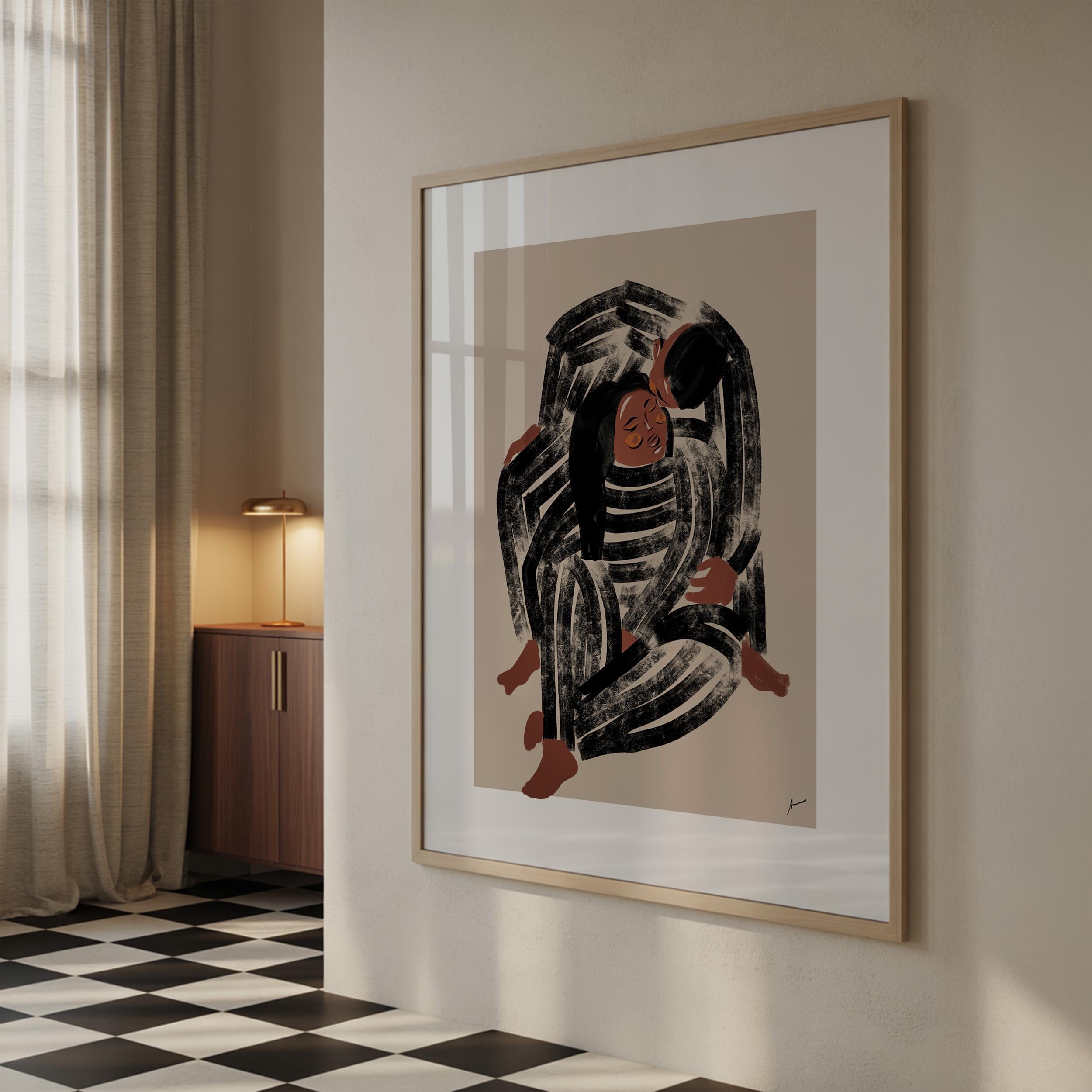 Black Love Art Print: Abstract Couple Embrace, Black Beige & Brown ...