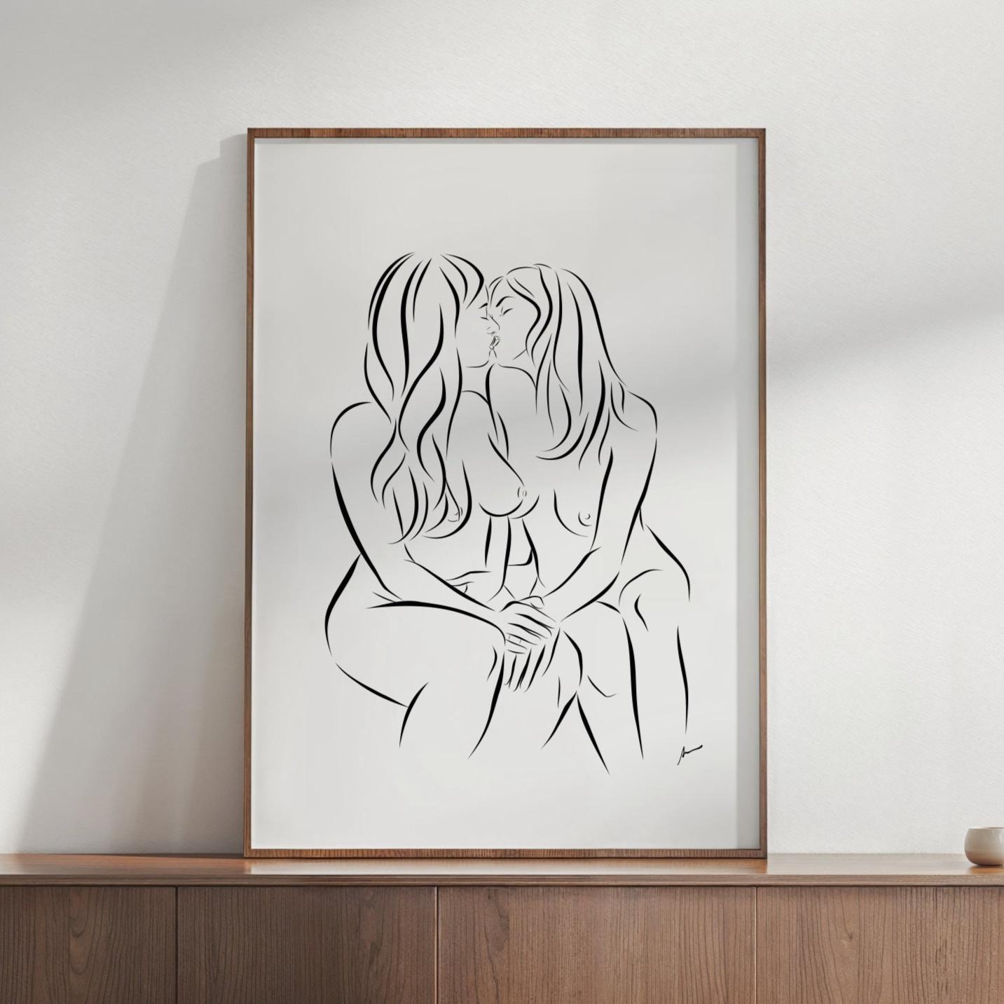 Lesbian Art Print Nude Line Drawing Sensual Wall Art Digital