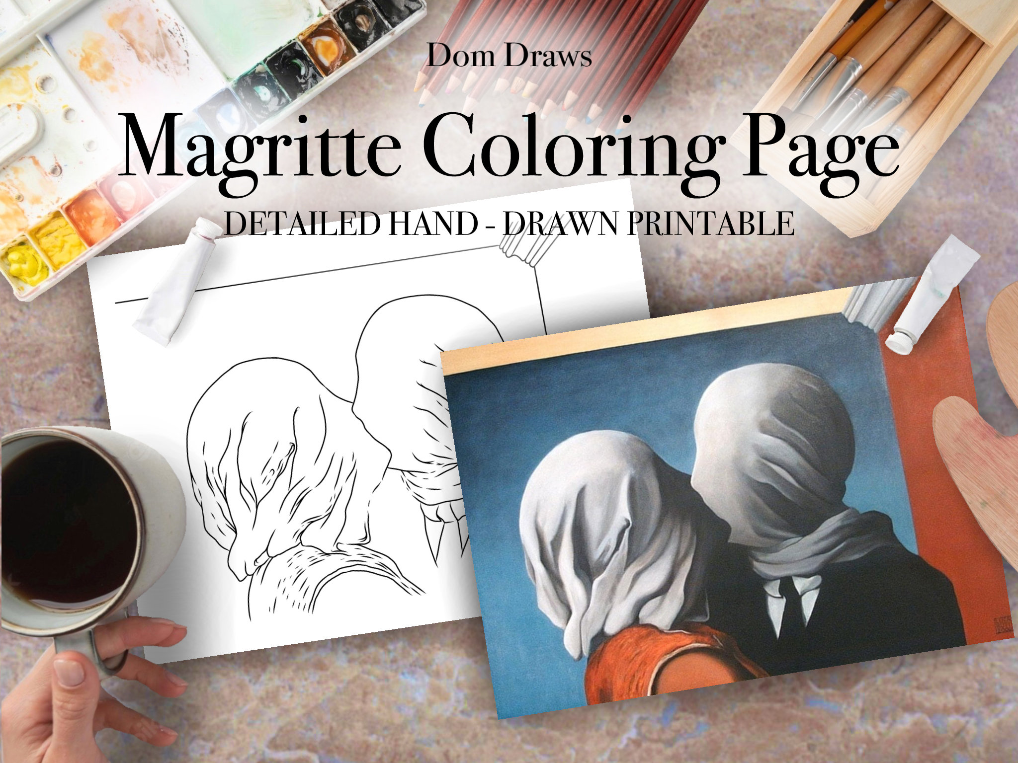 Renè Magritte the Lovers 1928 Adult Coloring Detailed Hand - Drawn, the ...