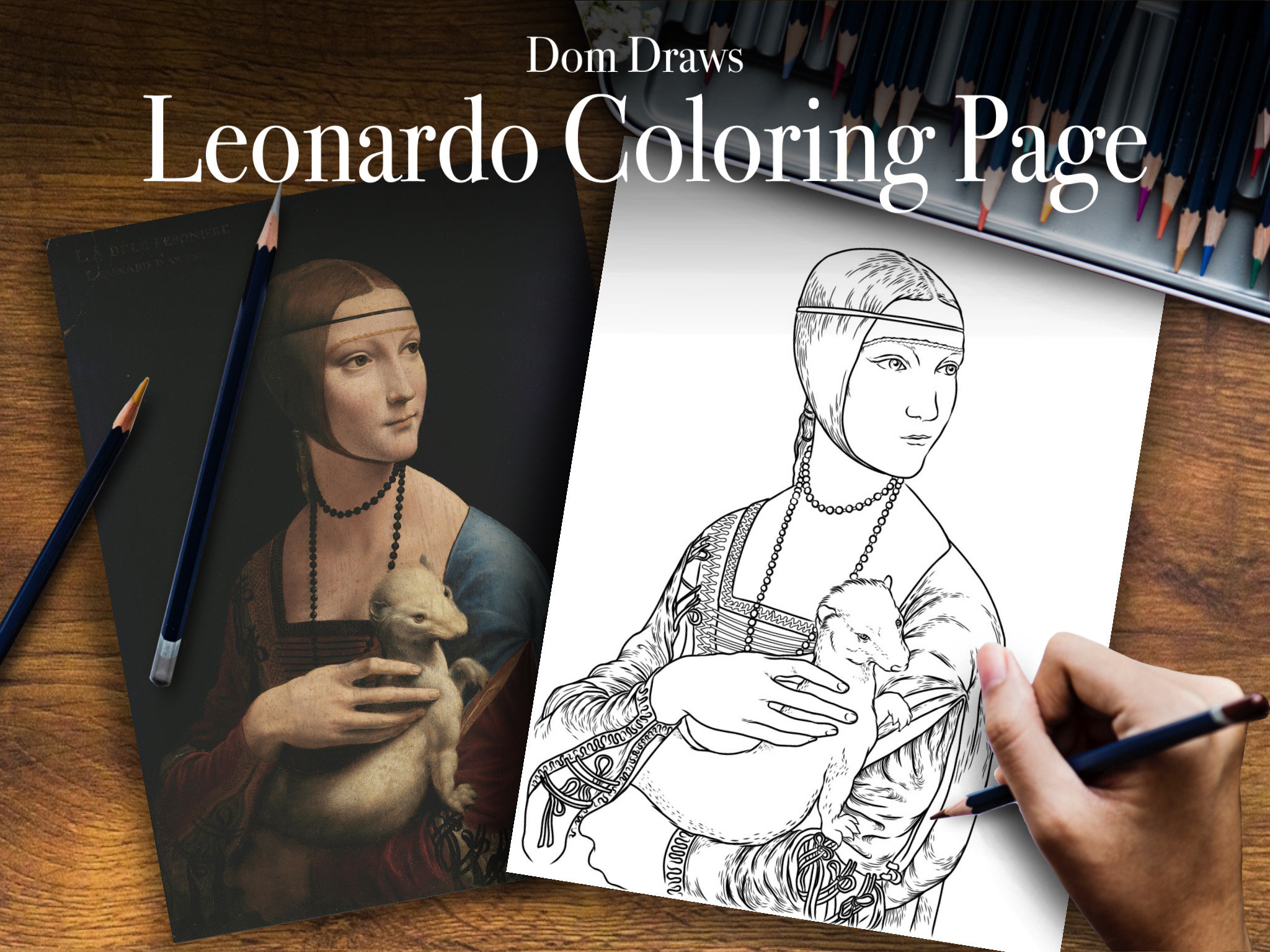 Lady With an Ermine Coloring Hand-drawn Printable Page | Leonardo Da ...