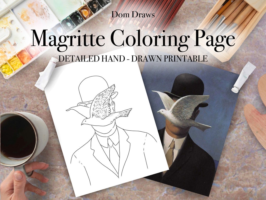 Adult Coloring Detailed Hand - Drawn Renè Magritte Man in a Bowler Hat ...