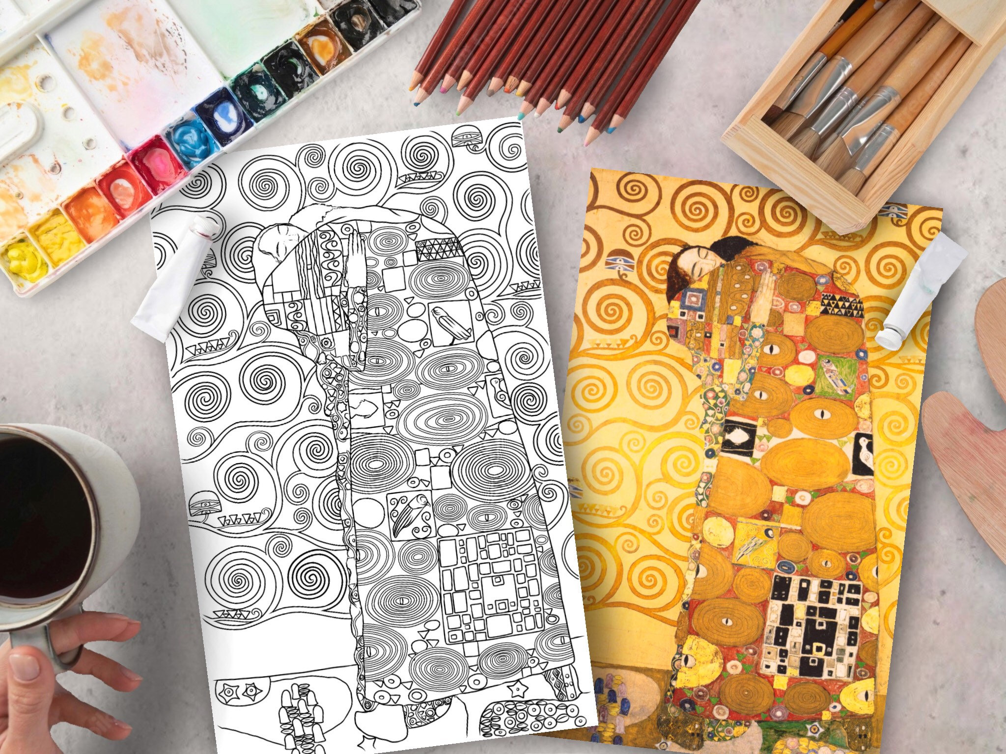 Gustav Klimt Coloring Detail Hand-drawn Printable Page | the Embrace ...