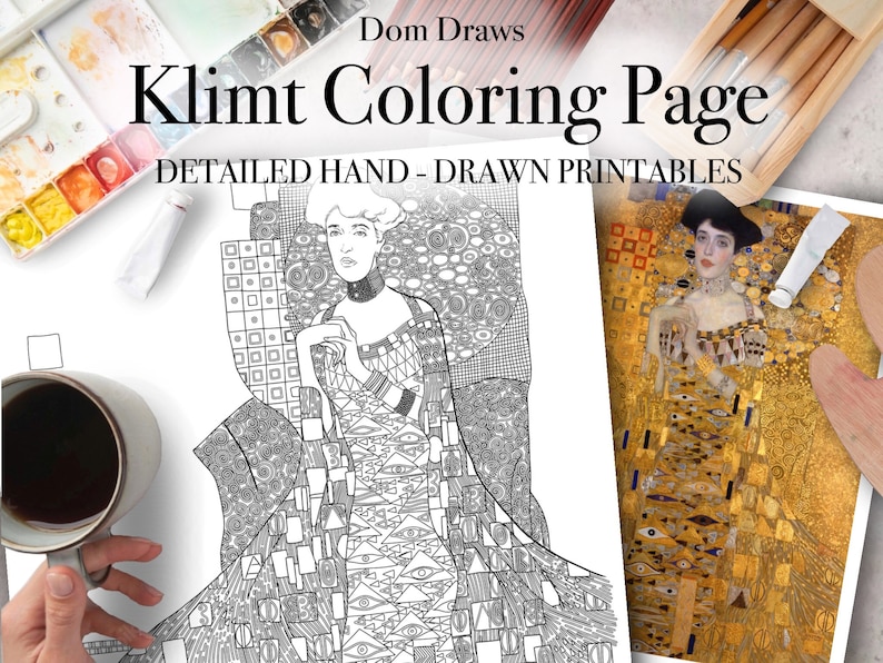 Gustav Klimt Coloring Woman in Gold Hand-drawn Printable Page ...