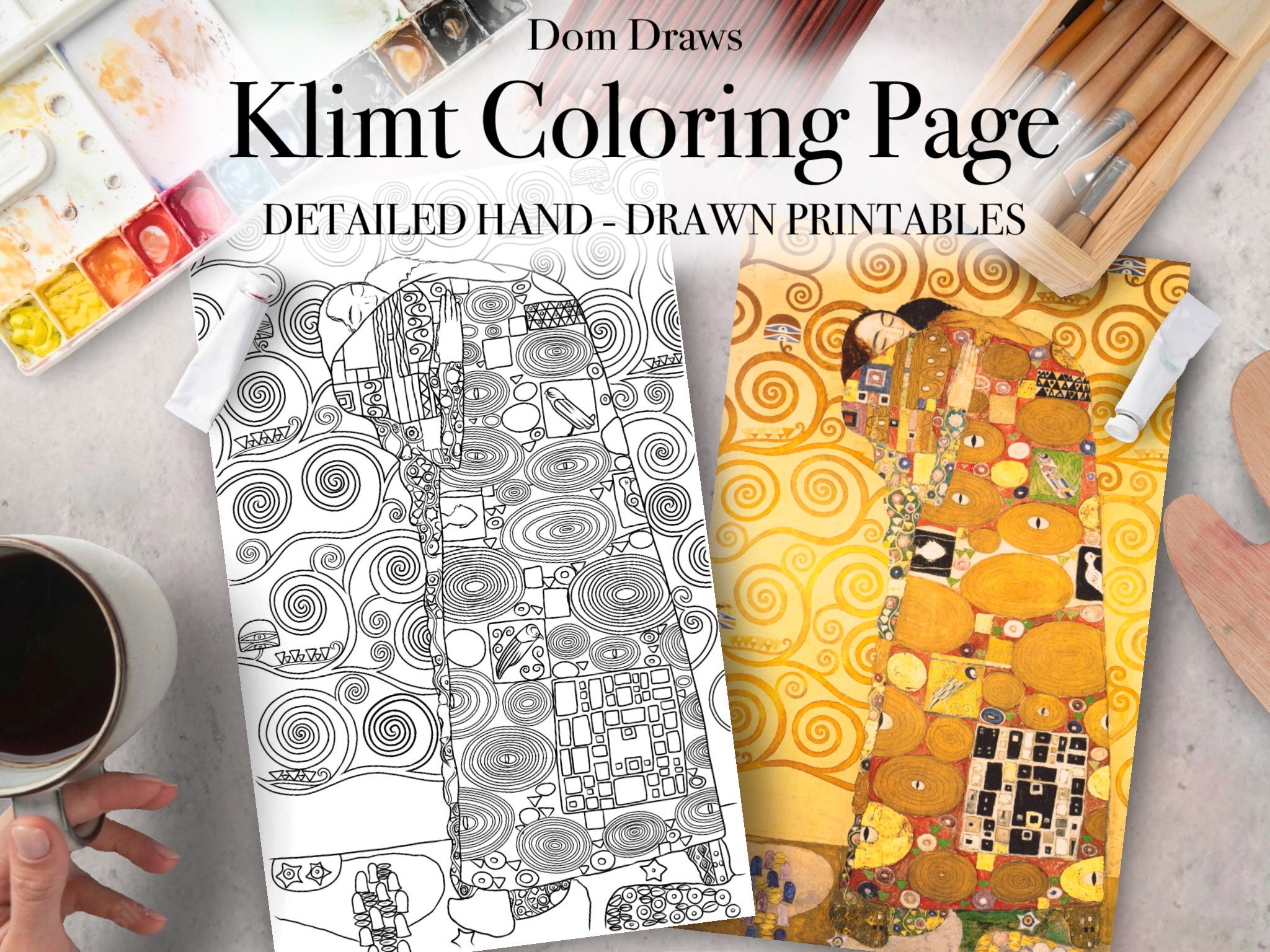 Gustav Klimt Coloring Detail Hand-drawn Printable Page | the Embrace ...