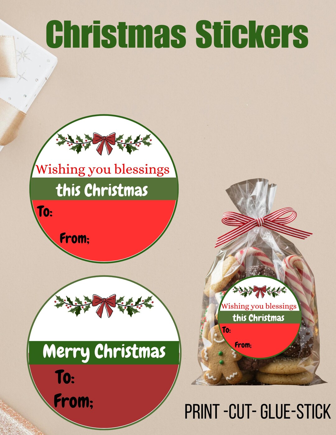 Printable Christmas Gift Tags, 3” Round Stickers, Wishing You Blessings ...
