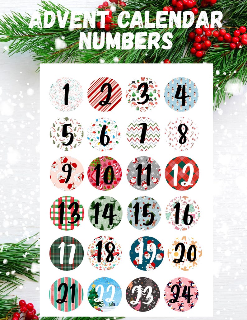 Printable Advent Calendar Numbers 1–24 + 16 Blanks, Christmas Countdown ...