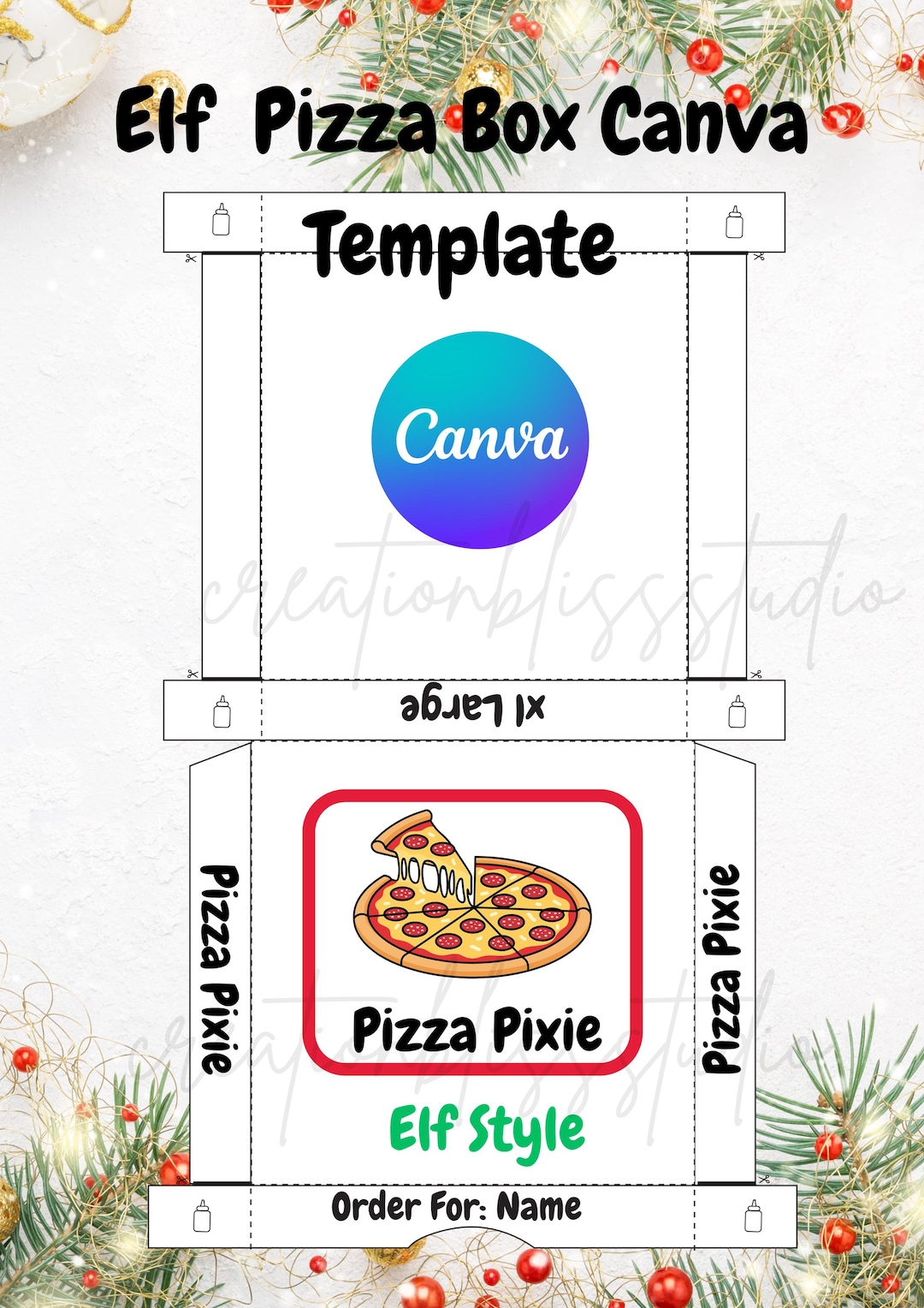 Elf Mini Pizza Box Template Canva, Elf Prop Printable, 4x4 Elf Pizza ...