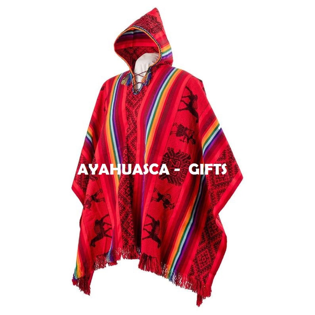 Hooded Peruvian Poncho RED, Peruvian Traditional Wool Blend Poncho ...