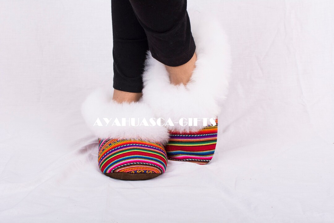Rainbow With Edge White Alpaca Slippers Unisex, Alpaca Fur Slippers ...