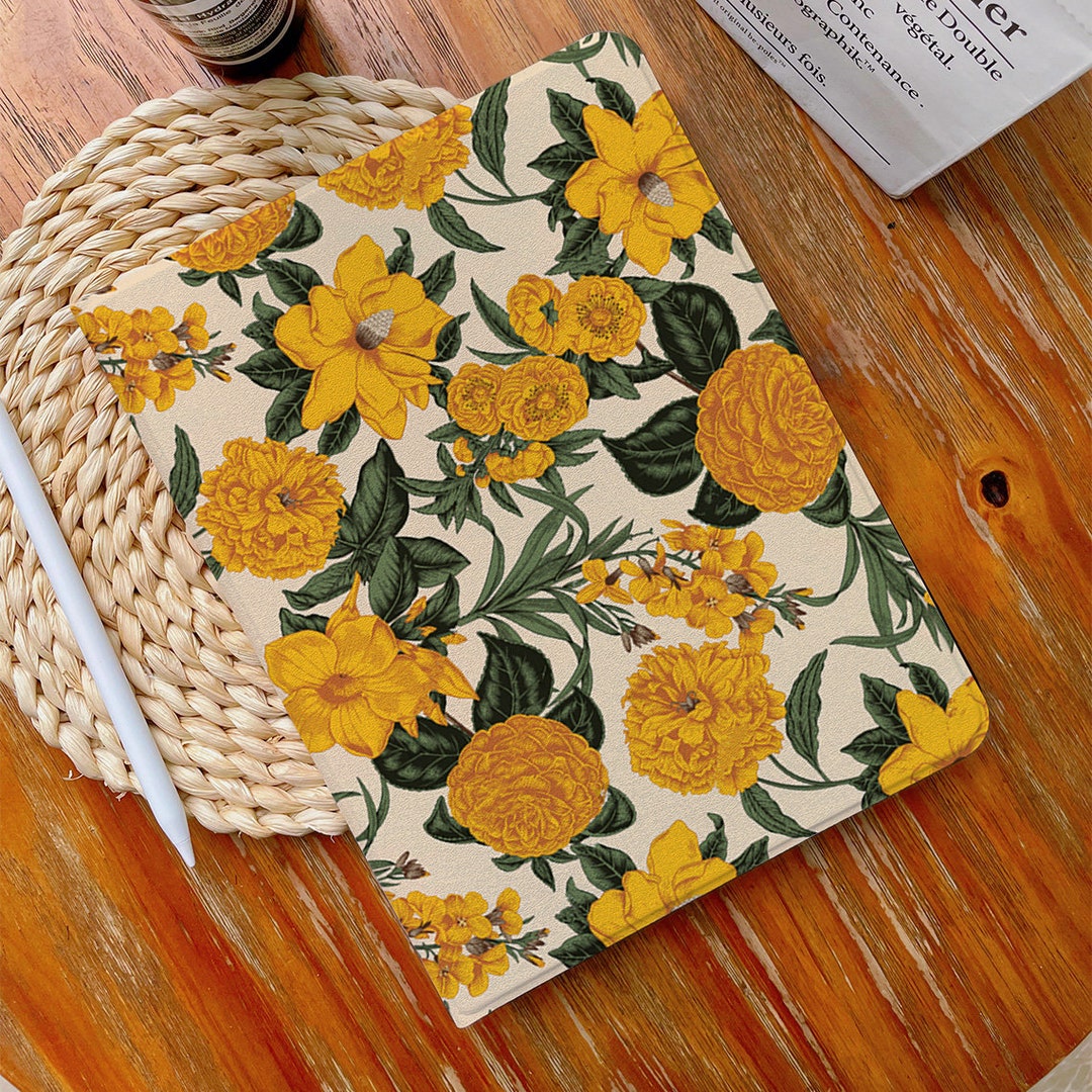Retro Floral Yellow Paint iPad Case iPad Air 4 Case With Pencil Holder ...