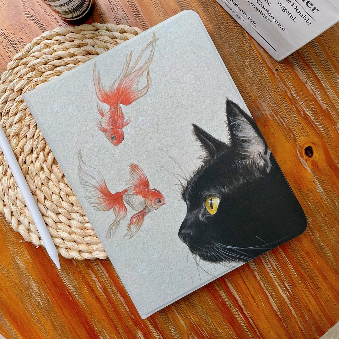 Black Cat Wants Fish iPad Case With Pencil Holder for iPad Air 4/5 iPad ...
