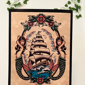 American Traditional Mermaids and Clipper Ship Tattoo Flash Art Print ...