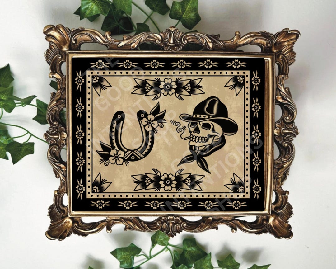 American Traditional Western Cowboy Skull and Horse Shoe Tattoo Flash ...