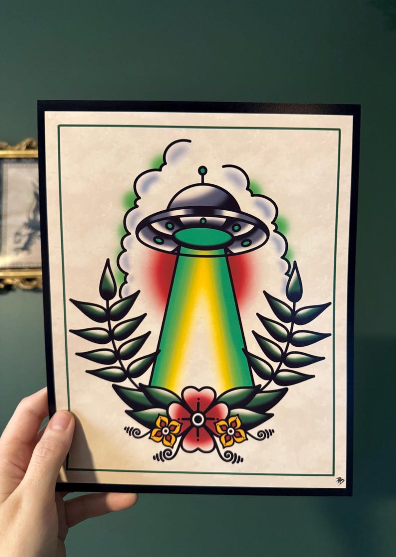 American Traditional UFO Alien Spaceship Tattoo Flash Art Print - Etsy