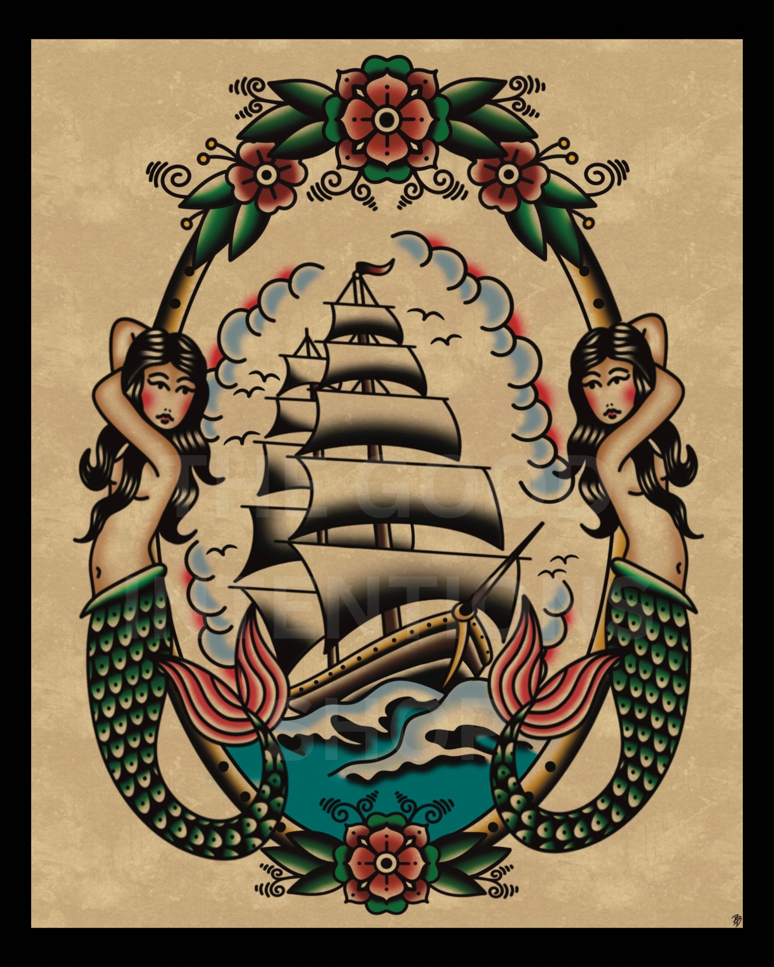 American Traditional Mermaids and Clipper Ship Tattoo Flash Art Print ...