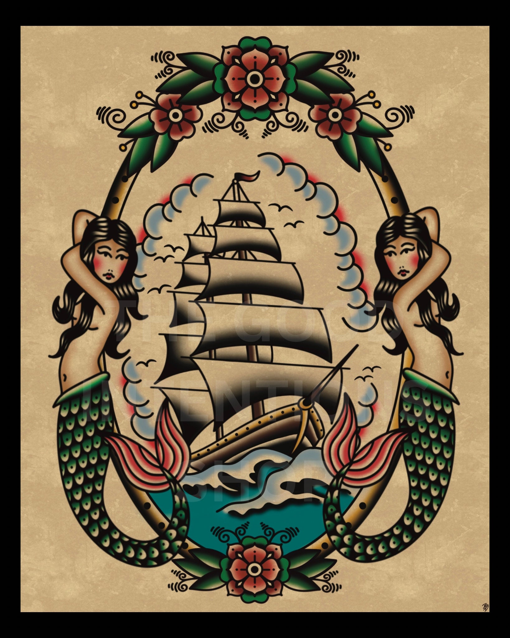 American Traditional Mermaids and Clipper Ship Tattoo Flash Art Print ...