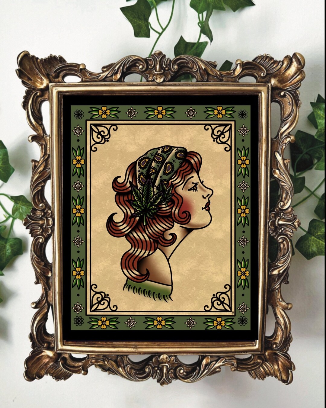 American Traditional Stoner Lady Head Marijuana Tattoo Art Print ...