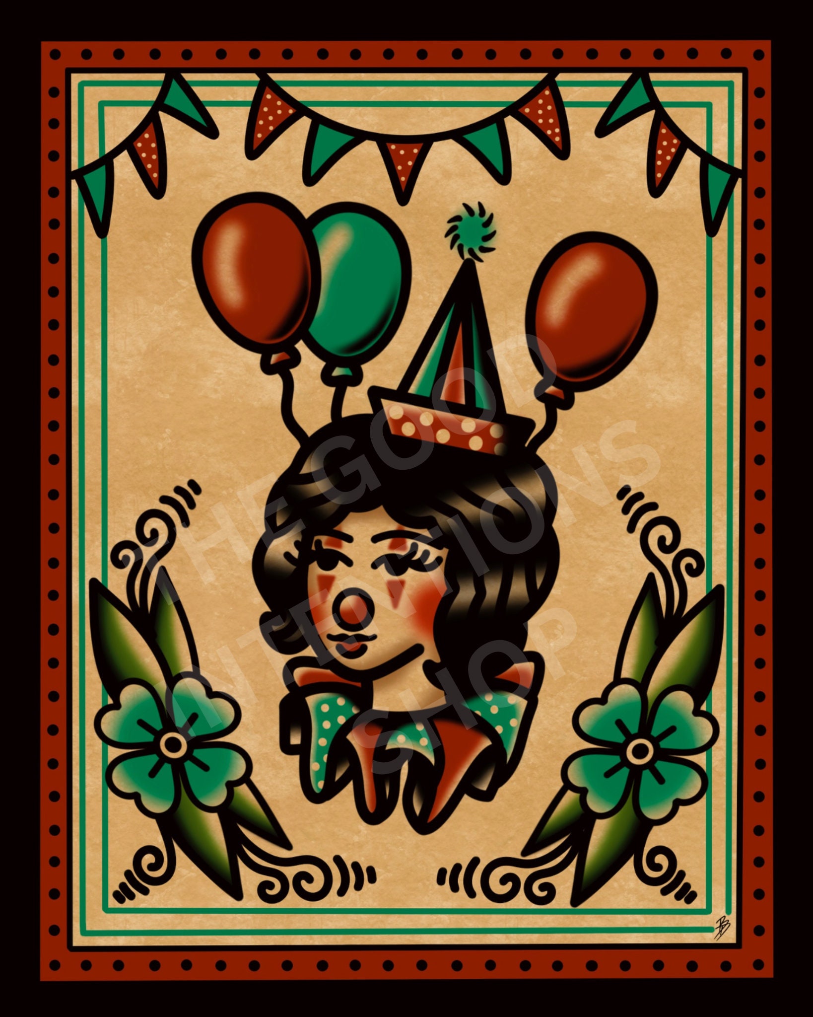 American Traditional Clown Girl Tattoo Flash Art Print Old School ...