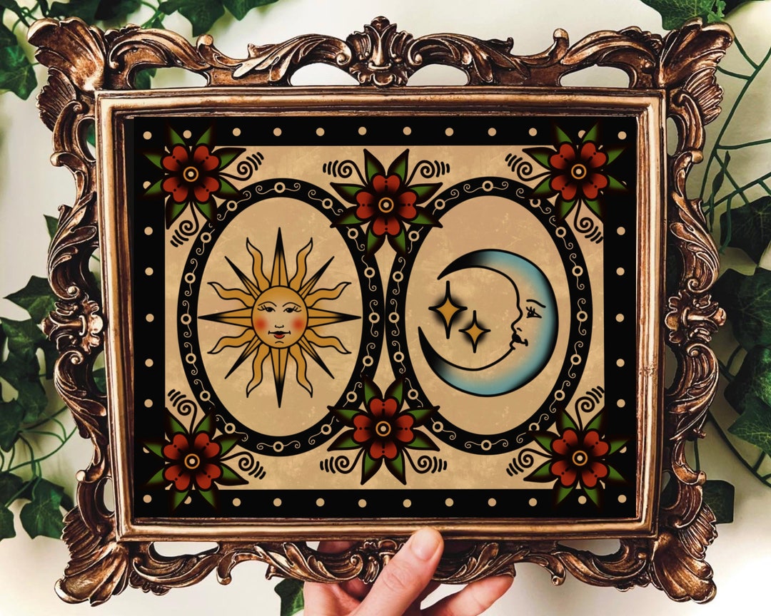 American Traditional Sun and Moon Celestial Tattoo Flash Art Print - Etsy