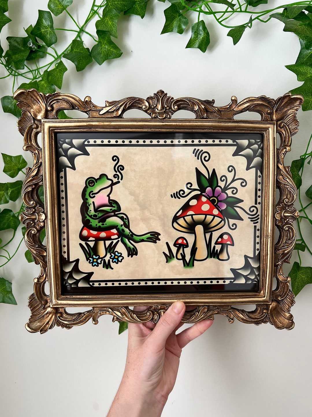 American Traditional Frog and Mushroom Flash Art Print - Etsy