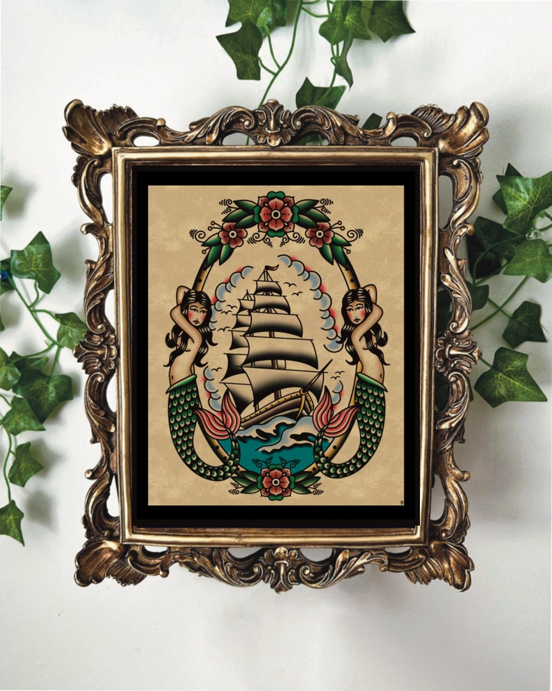 American Traditional Mermaids and Clipper Ship Tattoo Flash Art Print ...