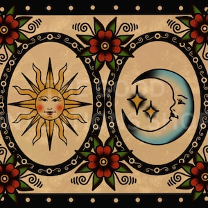 American Traditional Sun and Moon Celestial Tattoo Flash Art Print - Etsy