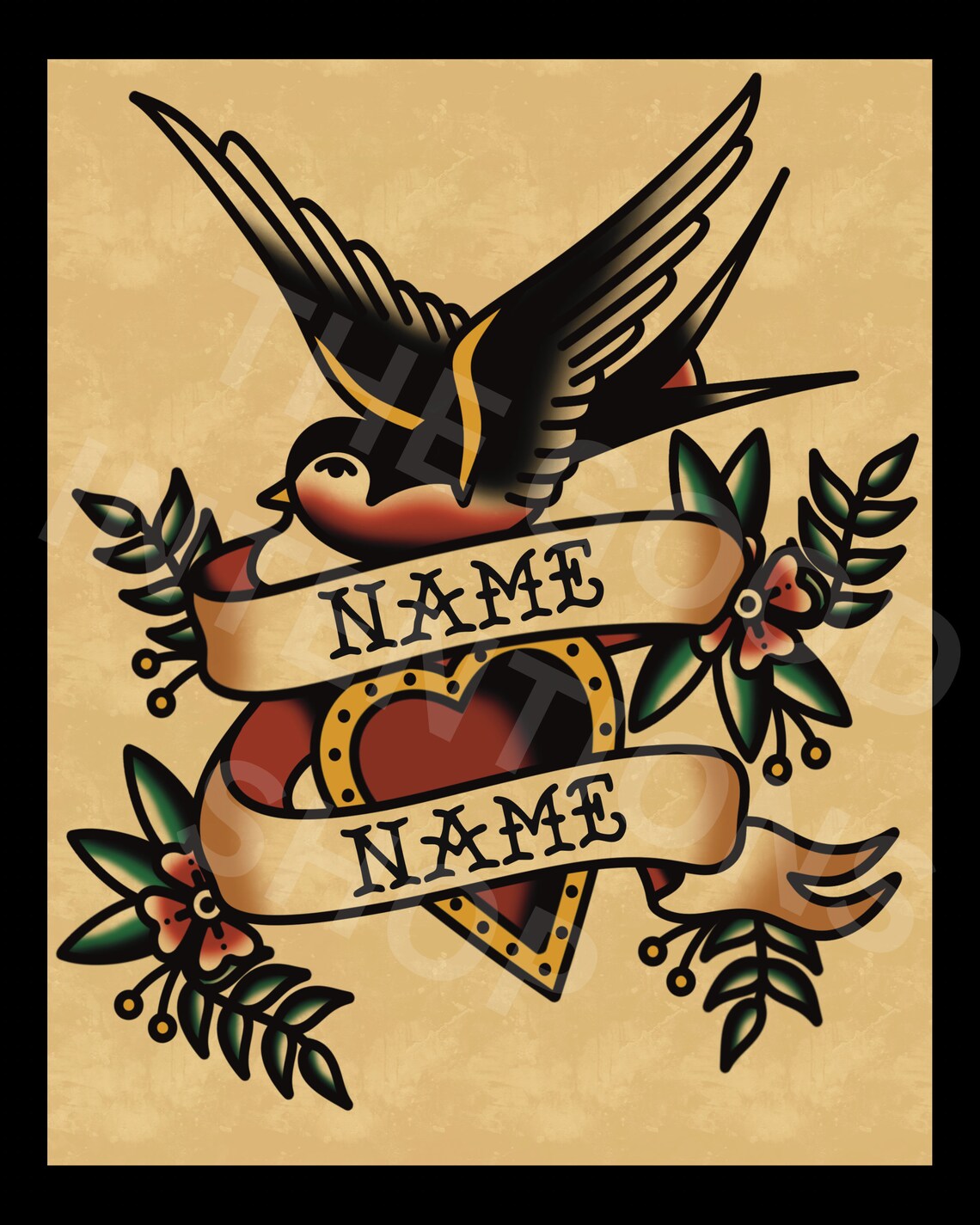 Custom Sparrow Tattoo Art Print: Personalized Names, Couples Gift (8x10 ...