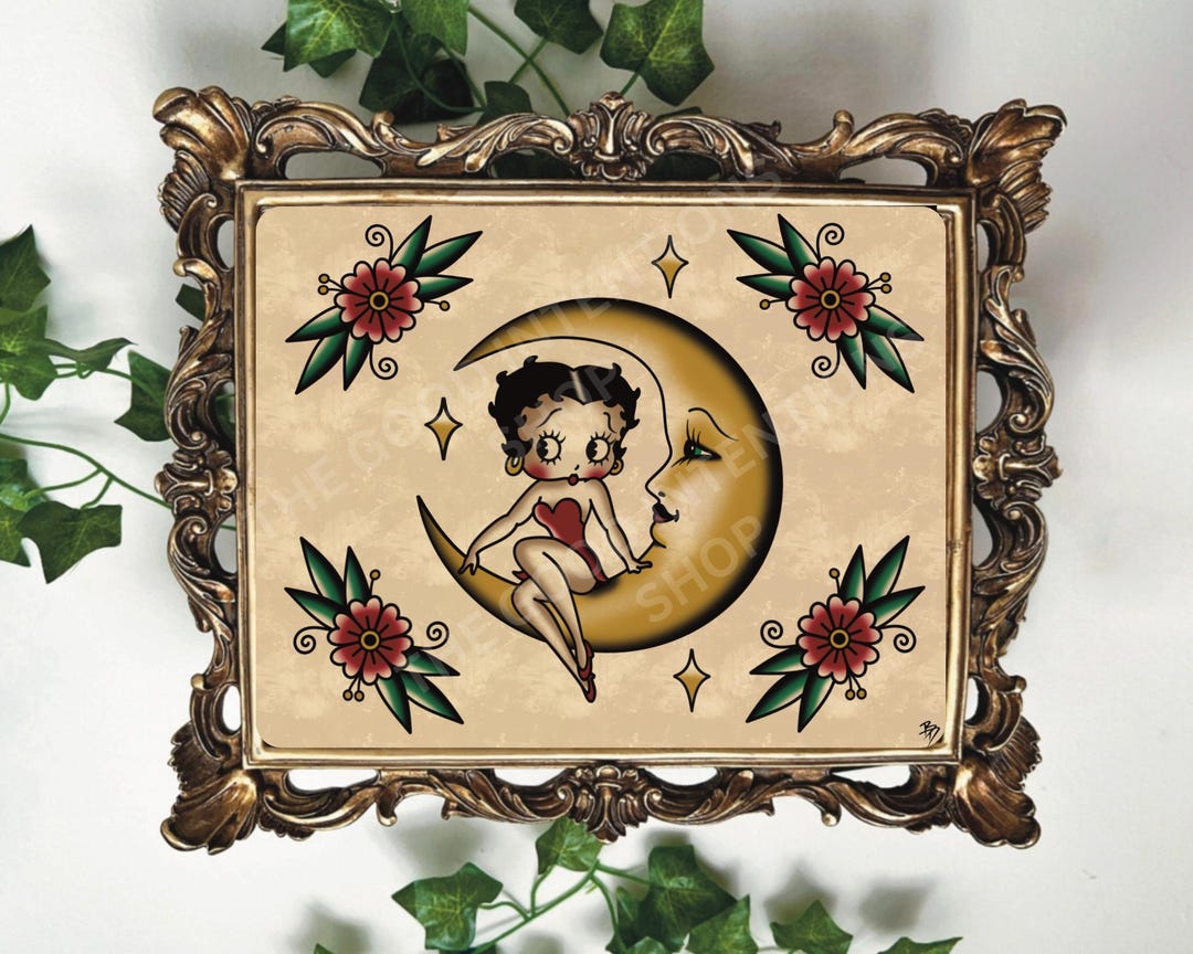 American Traditional Betty Boop and Moon Vintage Tattoo Flash Art Print ...