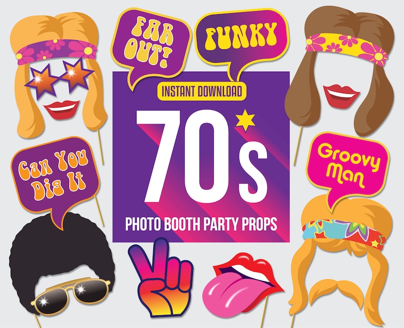 70s Photo Booth Party Props Seventies Glam Rock Printable - Etsy