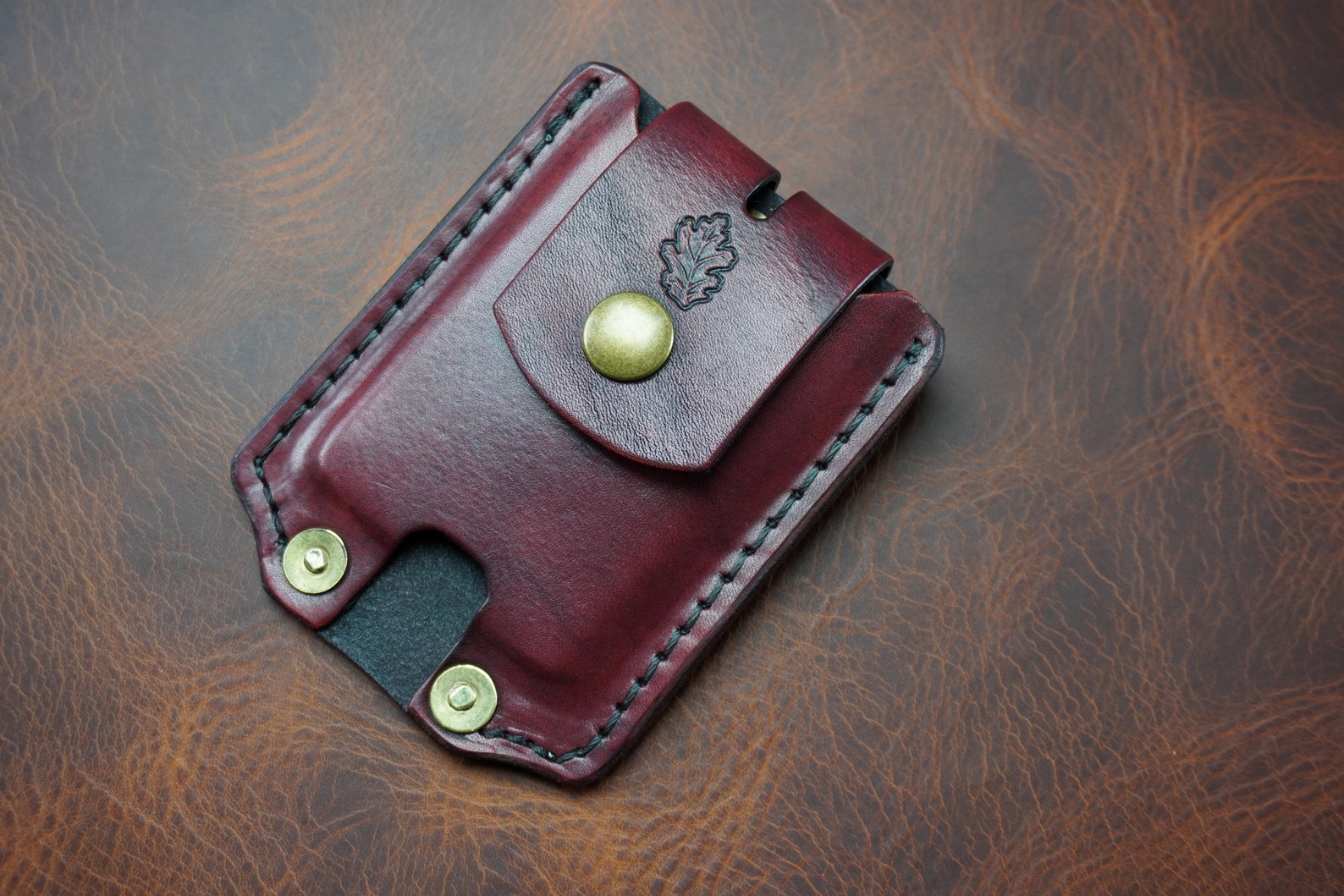 Oak Leaf Leather Minimalist Wallet, Card Holder With Money Clip - Etsy
