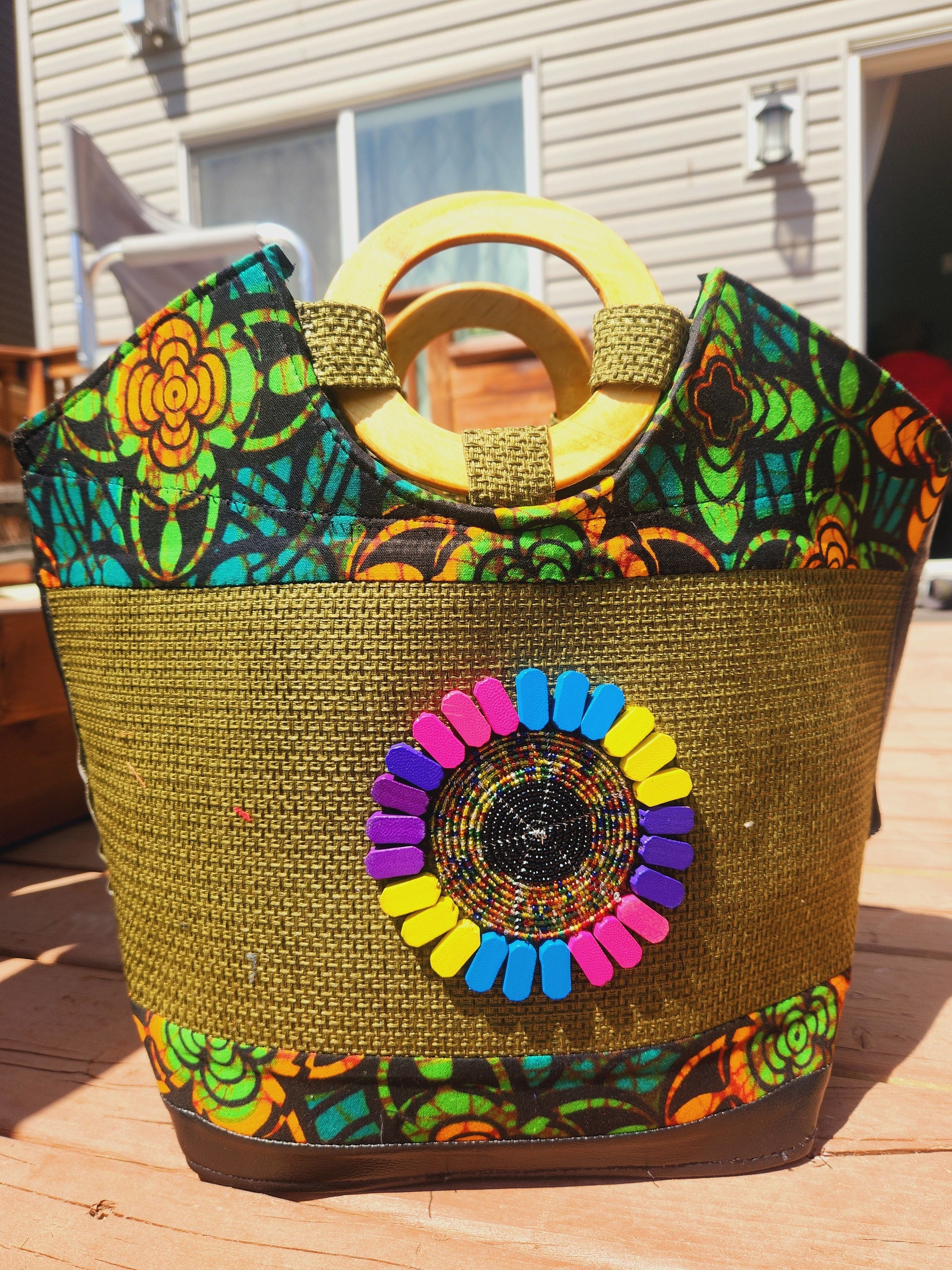 Handmade Kenyan Dashiki Tote Bag With Engrossed Beads and Wooden ...