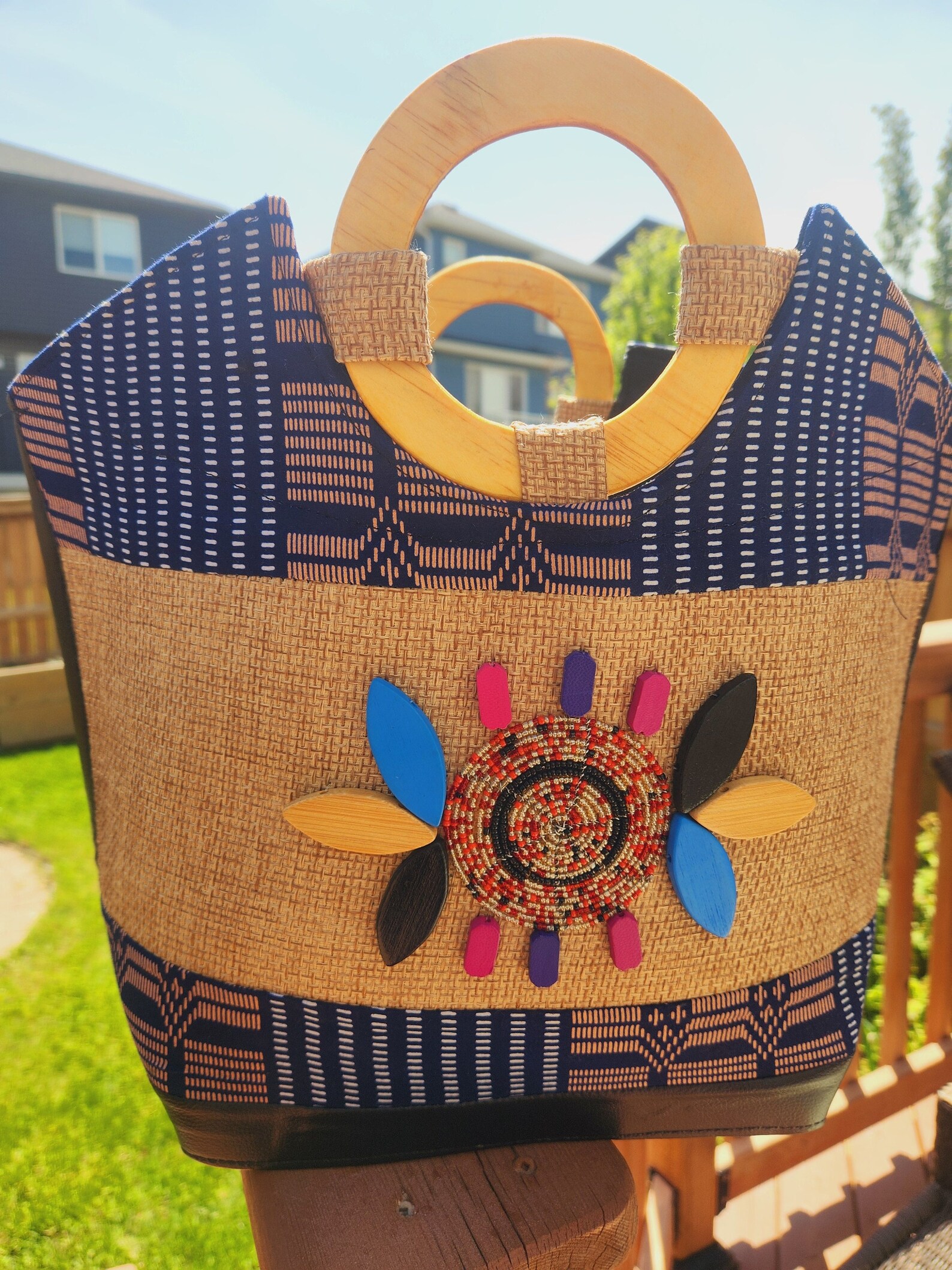 Handmade Kenyan Dashiki Tote Bag With Engrossed Beads and Wooden ...
