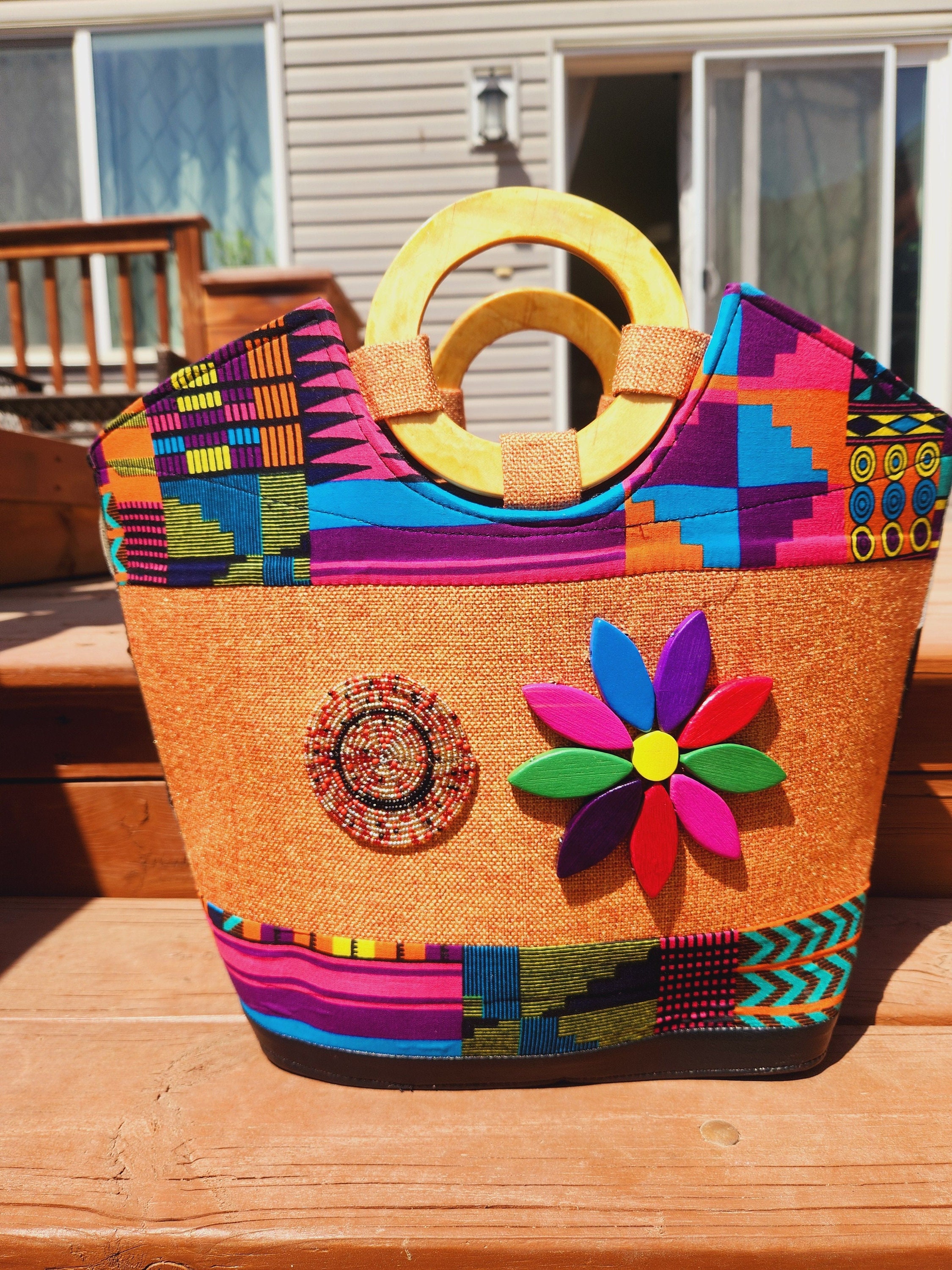 Handmade Kenyan Dashiki Tote Bag With Engrossed Beads and Wooden ...