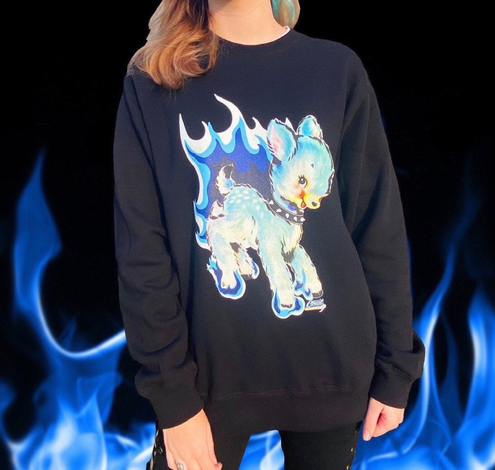 Custom Sweater Bambi Flames Punk Designer Sweatshirt Blue Fire | Etsy