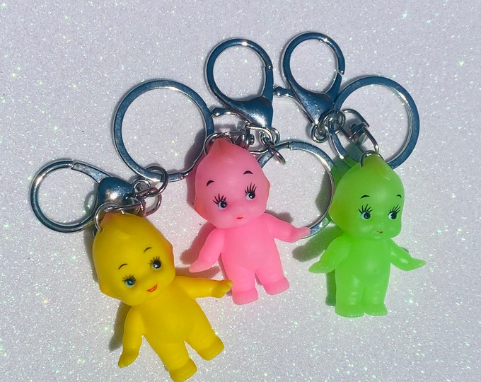 Neon Kewpie Doll Keychain Fluorescent Green Pink Slime Toy Baby Vintage ...